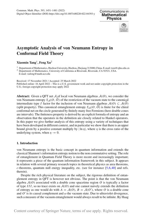 Pdf Asymptotic Analysis Of Von Neumann Entropy In Conformal Field Theory
