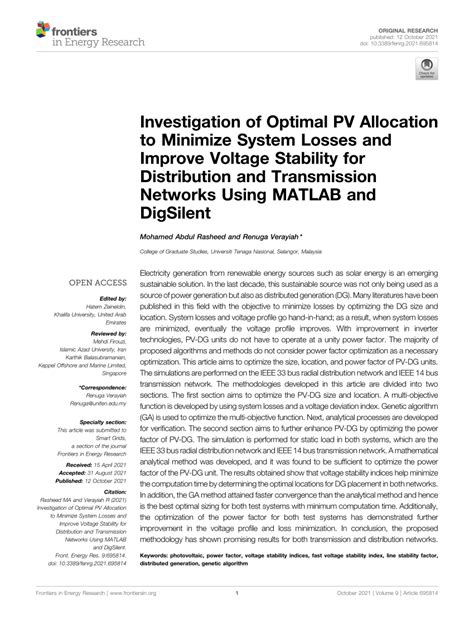 Pdf Investigation Of Optimal Pv Allocation To Minimize System Losses And Improve Voltage
