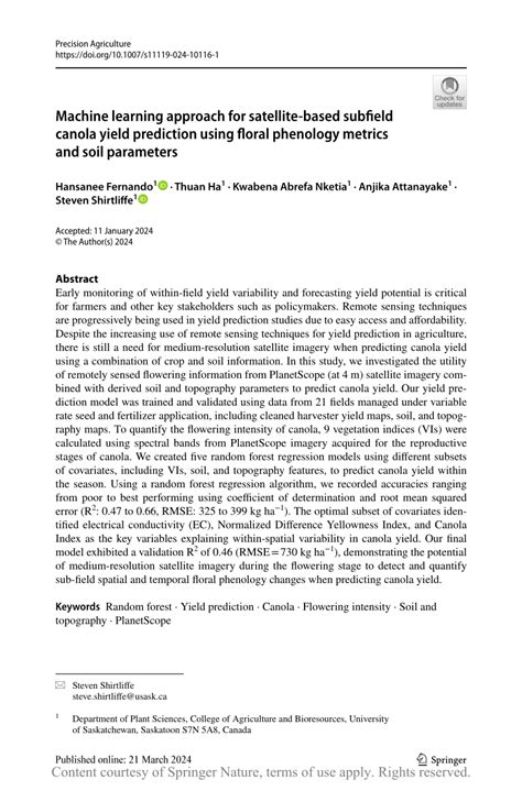 Pdf Machine Learning Approach For Satellite Based Subfield Canola Yield Prediction Using