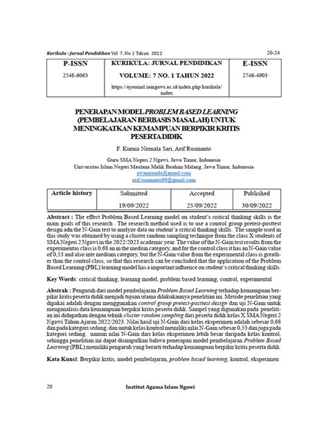 Penerapan Model Problem Based Learning Pembelajara Pdf
