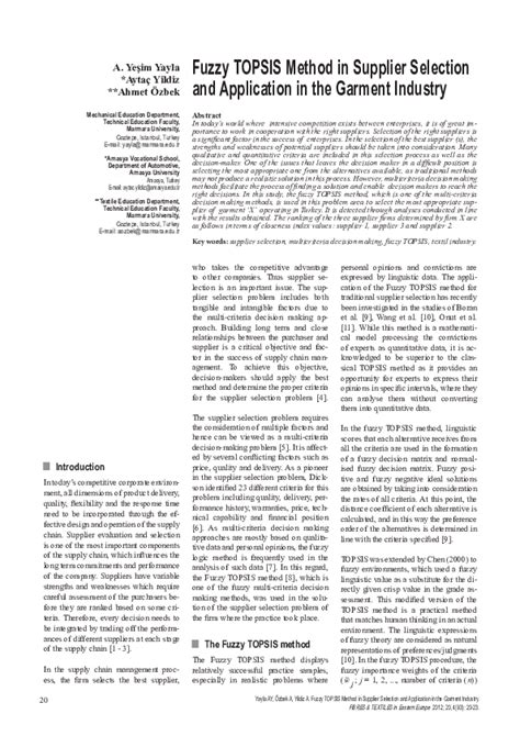 Pdf Fuzzy Topsis Method In Supplier Selection And Application In The Garment Industry