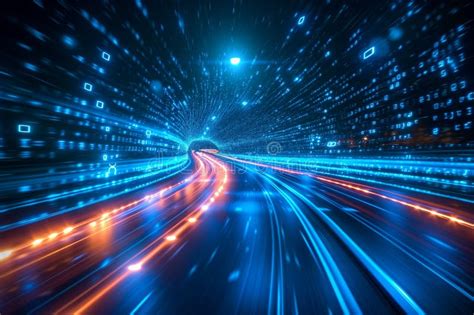 Digital Data Flow Tunnel With Blue And Orange Lights Stock Illustration