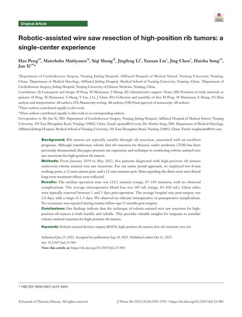 Pdf Robotic Assisted Wire Saw Resection Of High Position Rib Tumors A Single Center Experience