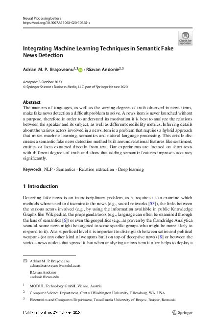 Pdf Integrating Machine Learning Techniques In Semantic Fake News