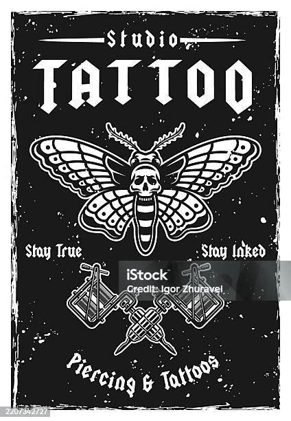 빈티지 문신 스튜디오 포스터 벡터 일러스트 레이 션 클래식 문신 기계와 나방 문신 가게 브랜딩 복고풍 디자인 미학에 적합합니다 공예에 대한 스톡 벡터 아트 및 기타 이미지