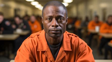 Portrait Of A Black Man Prisoner In An Orange Uniform In A Prison