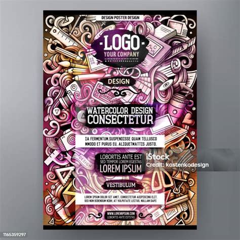 만화 수채화 손 그린 낙서 디자이너 포스터 디자인 템플릿 명함에 대한 스톡 벡터 아트 및 기타 이미지 명함 예술가 3차원 형태 Istock