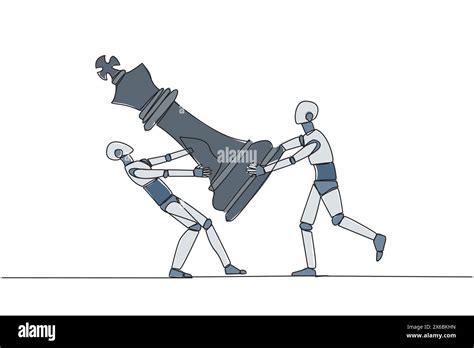 Continuous One Line Drawing Two Angry Robot Fight Over The Big King Chess Pieces The Metaphor