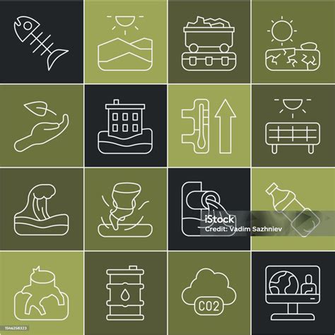 일기 예보 물병 태양 에너지 패널 석탄 기차 마차 집 홍수 새싹 손 죽은 물고기 및 지구 온난화 아이콘을 설정합니다 벡터 Gui 위젯에 대한 스톡 벡터 아트 및 기타 이미지