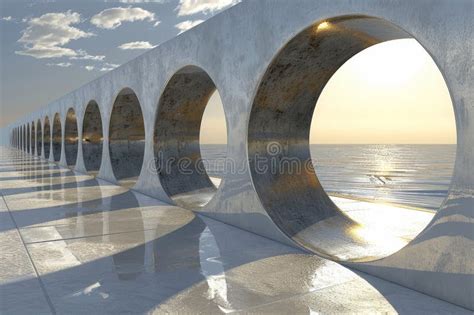 Concrete Structure With Circular Openings Overlooking Tranquil Ocean At Sunset 3d Illustration