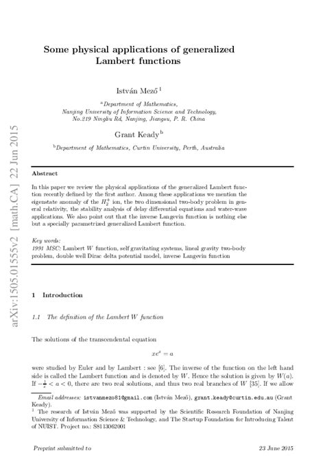 Pdf Some Physical Applications Of Generalized Lambert Functions