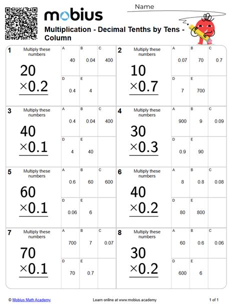 Free Printable Math Worksheet Multiplication Decimal Tenths By Tens