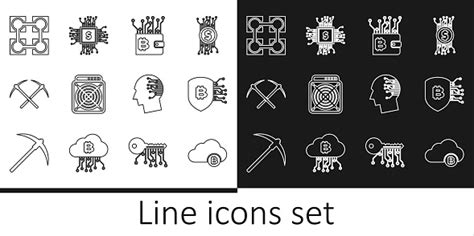 라인 암호 화폐 클라우드 마이닝 비트 코인 지갑 Asic 광부 교차 곡괭이 블록 체인 기술 디지털 회로 기판 및 프로세서 칩 달러 아이콘으로서의 두뇌를 설정하십시오 벡터