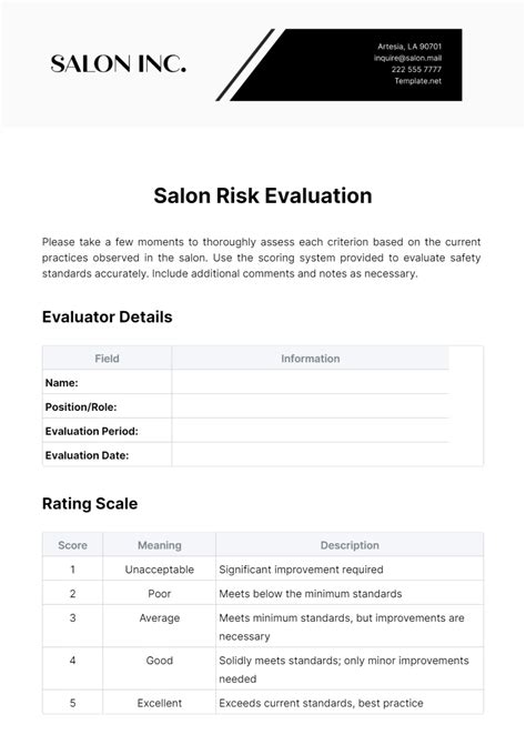 Free Salon Risk Evaluation Template To Edit Online