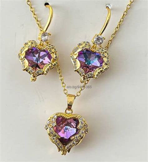 Комплект позлатени бижута обеци колие пръстен с лилав камък кристал Дамско бижу Друг метал