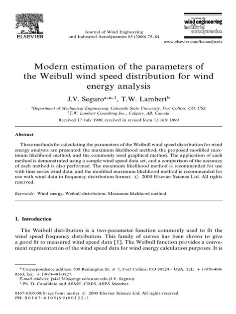 Modern Estimation Of The Parameters Of The Weibull Wind Speed Distr Pdf Pdf Least Squares