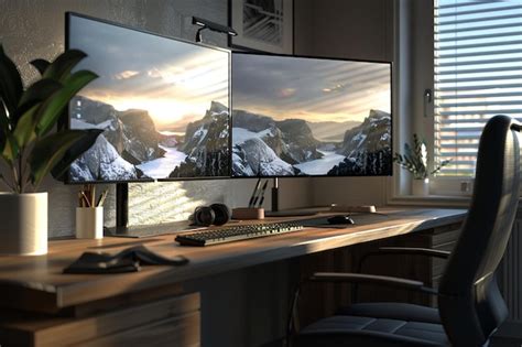 Premium Photo Remote Work Setup With Dual Monitors And Ergonomic