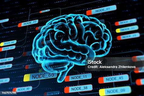 노드 기호가 있는 어두운 배경에 디지털 인간 두뇌가 있는 개발 교육 및 기술 개념 3d 렌더링 0명에 대한 스톡 사진 및 기타 이미지 Istock