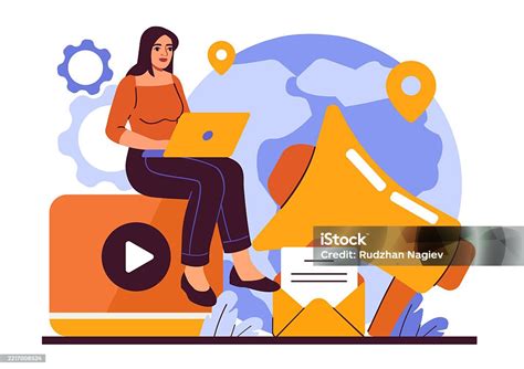 긍정적 인 Pr을 가진 여성확성기 근처에 앉아 노트북을 들고 있는 어린 소녀 인터넷 마케팅에 대한 광고 및 홍보 회사 또는 조직의 브랜드 개발 플랫 벡터 일러스트 레이 션