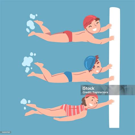 수영장에서 수영을 배우는 아이들 수영복 모자 및 고글을 입은 소년과 소녀는 수업 만화 벡터 일러스트레이션에서 기술을 연습합니다 건강한 생활방식에 대한 스톡 벡터 아트 및