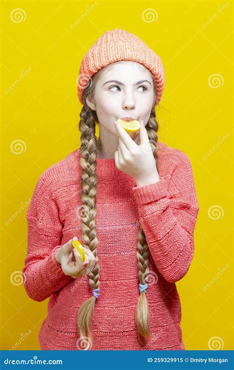 Fruit Series Winsome Girl In Coral Knitted Clothing Biting Yellow