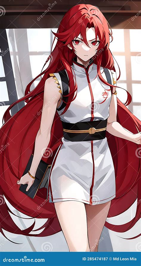 An Anime Girl With Long Flowing Red Hair And A Determined Look Stock