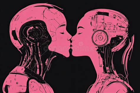 An Human Kissing Robot Girl Kissing Pink Colour Black Background Vectorial Simple Love