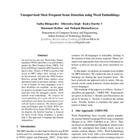 Unsupervised Most Frequent Sense Detection Using Word Embeddings Acl Anthology