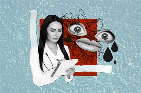 복합 경향 삽화 스케치 콜라주 빨강 검정 흰색 색깔 단편 젊은 아가씨 의사 대 손 쓰기 노트 눈 입 미용술 30 34세에 대한 스톡 사진 및 기타 이미지 Istock