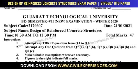 download be 7th sem design of reinforced concrete structures gtu paper 2170607 winter 2020 pdf