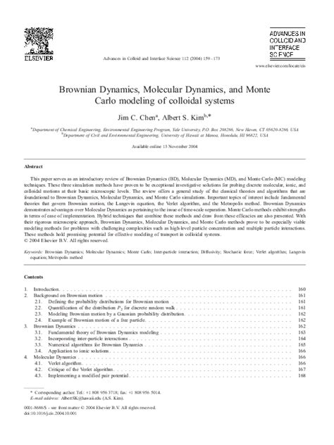 Pdf Brownian Dynamics Molecular Dynamics And Monte Carlo Modeling