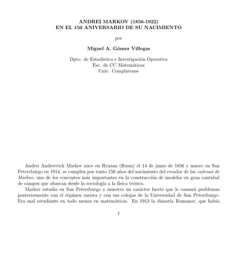 Pdf Andrei Markov 1856 1922 En El 150 Aniversario De Su Nacimiento