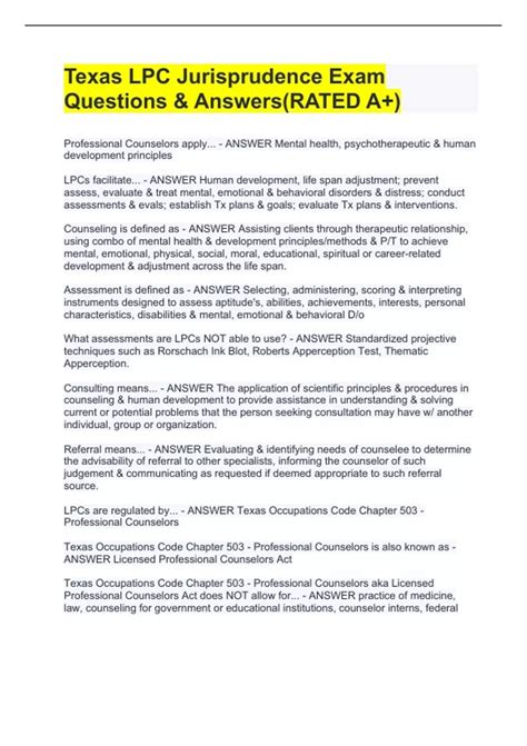 Texas Lpc Jurisprudence Exam Questions And Answers Rated A Texas Lpc Jurisprudence Stuvia Us