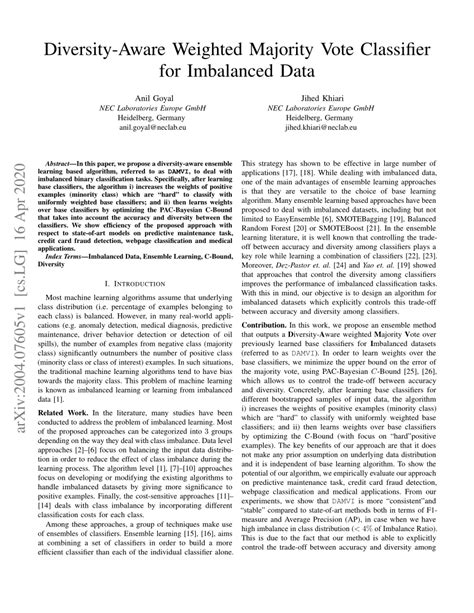 Pdf Diversity Aware Weighted Majority Vote Classifier For Imbalanced Data