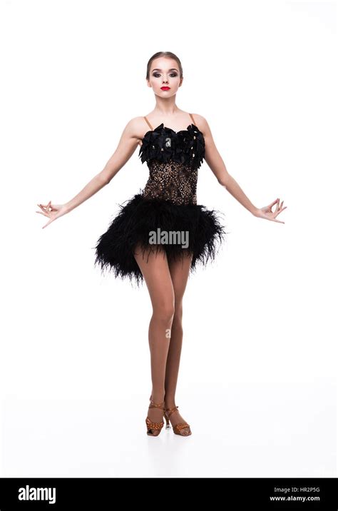 Beautiful Ballroom Dancer Girl In Elegant Pose Black Dress On White