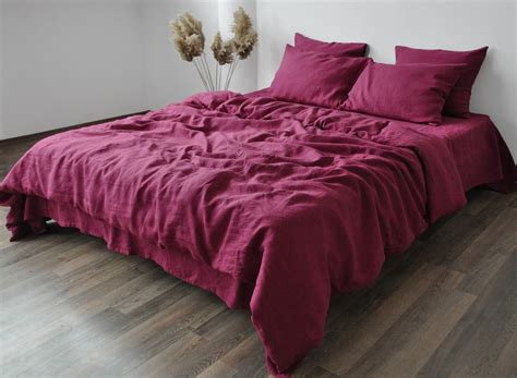 Raspberry Linen Bedding Set 1 Duvet Cover 2 Pillowcases Etsy