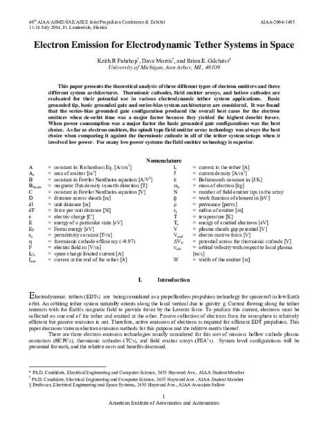Pdf Electron Emission For Electrodynamic Tether Systems In Space Keith Fuhrhop And Dave