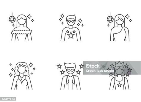 인기 연예인 픽셀 완벽한 선형 아이콘 세트 유명한 여성과 남성 배우 탤런트 쇼 스타 사용자 정의 가능한 얇은 선 윤곽 기호