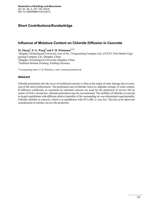 Pdf Influence Of Moisture Content On Chloride Diffusion In Concrete
