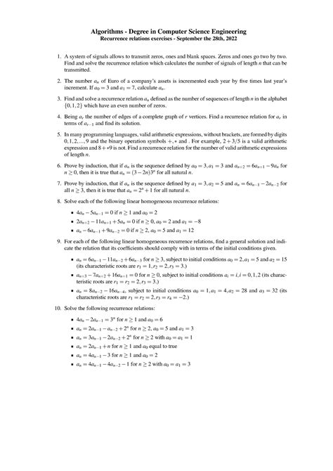 Recurrence Exercises 2022 23 Algorithms Degree In Computer Science Engineering Recurrence