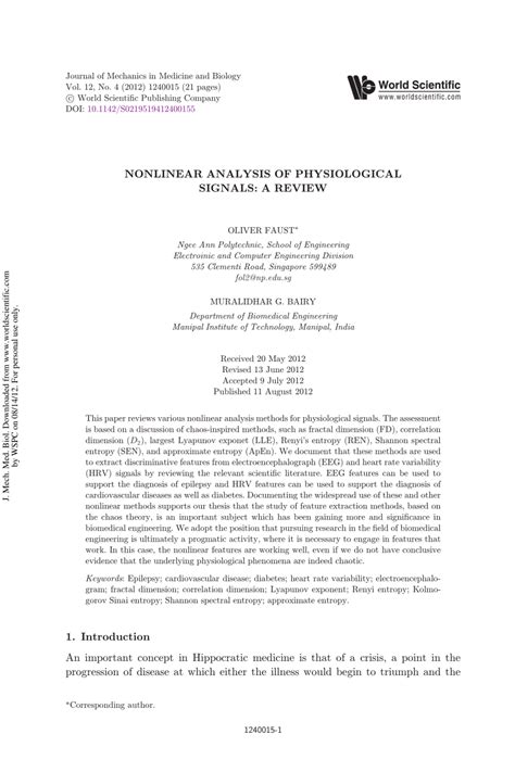 Pdf Nonlinear Analysis Of Physiological Signals A Review