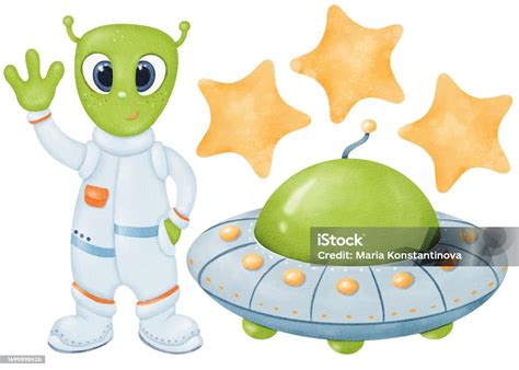 공간 설정 초록색 귀여운 외계인이 손을 흔든다 외계인 우주선 만화 Ufo 세 개의 노란색 별 수채화 격리 된 개체입니다 만화 스타일 인쇄물 어린이 프리젠테이션 초대장 및