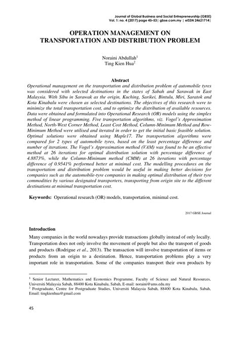 Pdf Operation Management On Transportation And Distribution Problem