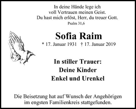 Traueranzeigen Von Sofia Raim Trauer In Nrwde
