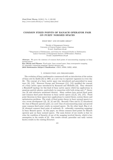 Pdf Common Fixed Points Of Banach Operator Pair On Fuzzy Normed Spaces