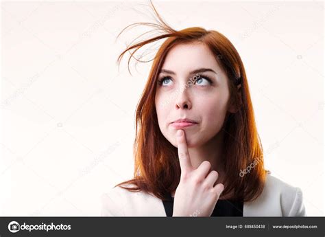Businesswomans Upward Gaze Finger Chin Portray Her Engagement