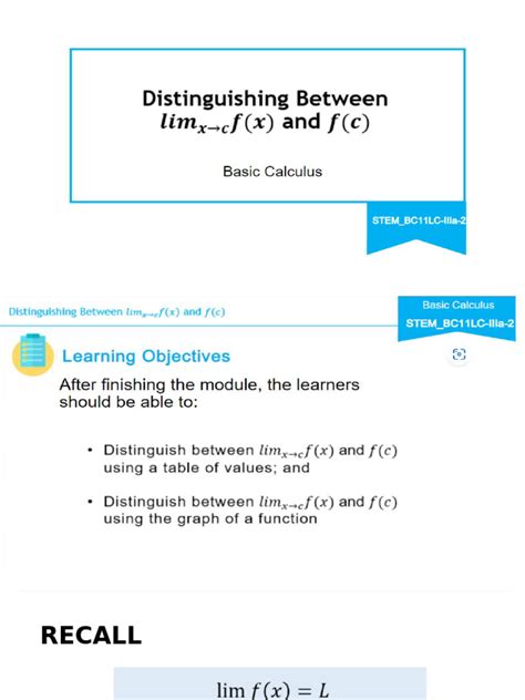 distinguishing between the limit of a function at c and the value of a