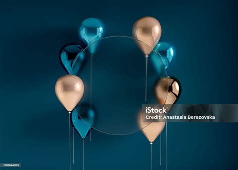 3d 렌더링 풍선 세트는 막대기에 날아다닙니다 둥근 투명한 유리 프레임이 있는 진한 파란색과 금색 배경 제품 쇼 생일 문자 휴일 축하 소셜 미디어 배너를 위한 빈 공간 0