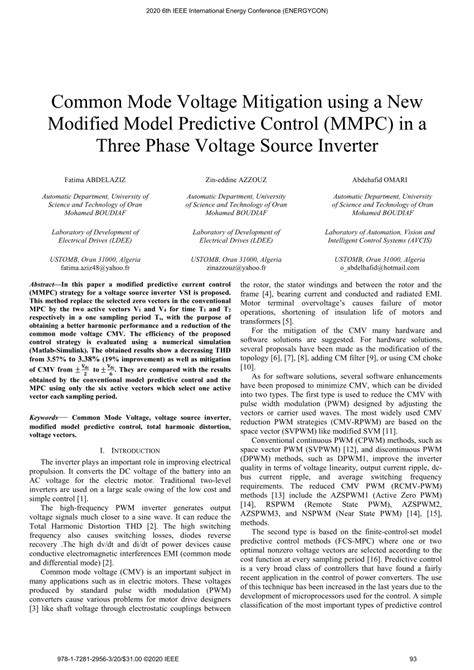 Pdf Common Mode Voltage Mitigation Using A New Modified Model Predictive Control Mmpc In A