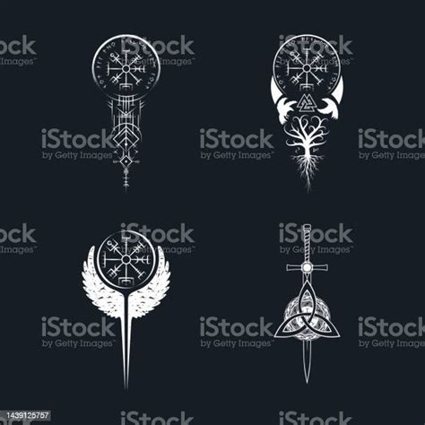Viking Symbols Isolated Set Hand Drawn Collection Of Pagan Norse Sign